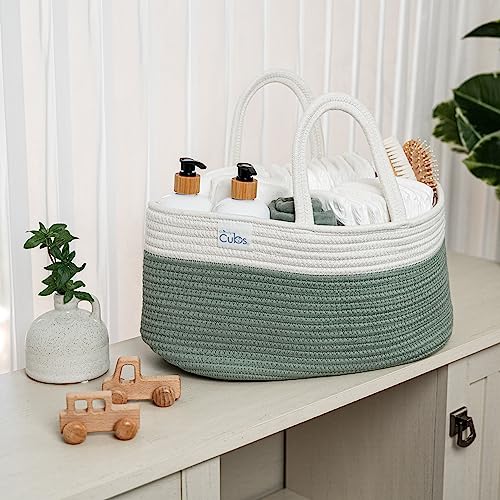 Comfy Cubs Diaper Caddy Organizer- Large Portable Baby Diaper Caddy Nursery Storage Bin and Car Travel Basket - Tote Bag with Dividers for Diapers & Wipes, Sage