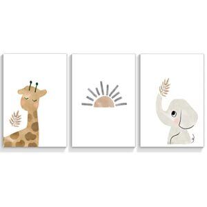 cute woodland animals giraffe canvas wall art set of 3 12x16in, colorful minimalist baby nursery sun room aesthetic posters, neutral elephant print painting decor for girl boy kids bedroom unframed