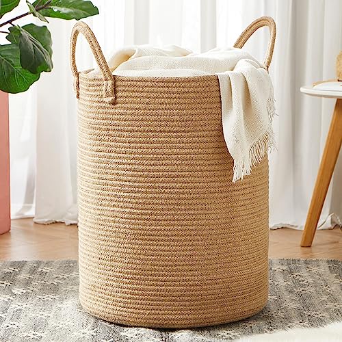 MOJOSCEND Jute Laundry Hamper Basket, 15Dx20H inches Tall Woven Rope Storage Basket for Blanket, Large Clothes Hamper for Bedroom, Baby Nursery Kids Laundry Basket Organizer