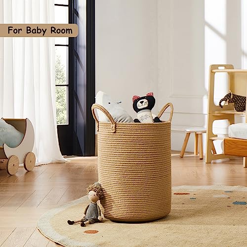 MOJOSCEND Jute Laundry Hamper Basket, 15Dx20H inches Tall Woven Rope Storage Basket for Blanket, Large Clothes Hamper for Bedroom, Baby Nursery Kids Laundry Basket Organizer