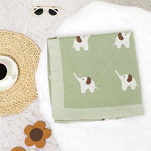 Hadetoto 100% Cotton Baby Blanket Knit Soft Cozy Swaddle Receiving Blankets Toddler Infant Blanket with Lovely Elephant for Newborn Boy Girls - Light Green, 90 x 70cm