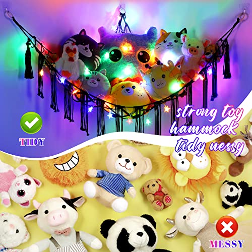 2 Set Stuffed Animal Net or Hammock with LED Light, Stuffed Animal Storage Stuffed Animal Hammock Corner Toy Hammock Macrame Stuffed Animal Organizer for Bedroom Nursery Kindergarten Decor (Black)