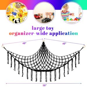 2 Set Stuffed Animal Net or Hammock with LED Light, Stuffed Animal Storage Stuffed Animal Hammock Corner Toy Hammock Macrame Stuffed Animal Organizer for Bedroom Nursery Kindergarten Decor (Black)