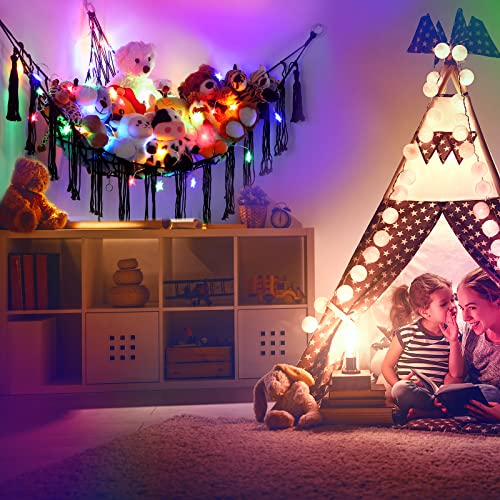 2 Set Stuffed Animal Net or Hammock with LED Light, Stuffed Animal Storage Stuffed Animal Hammock Corner Toy Hammock Macrame Stuffed Animal Organizer for Bedroom Nursery Kindergarten Decor (Black)