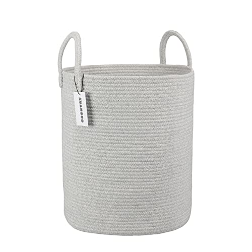 XUANGUO Cotton Rope Laundry Basket Hamper for Clothes Woven Storage Basket for Living Room Bedroom Boho Tall Rope Baskets for Blanket Toys Pillow Towels Baby Nursery Hamper Bin Large light grey