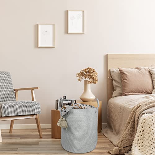 XUANGUO Cotton Rope Laundry Basket Hamper for Clothes Woven Storage Basket for Living Room Bedroom Boho Tall Rope Baskets for Blanket Toys Pillow Towels Baby Nursery Hamper Bin Large light grey