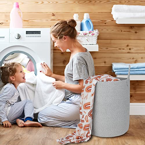 XUANGUO Cotton Rope Laundry Basket Hamper for Clothes Woven Storage Basket for Living Room Bedroom Boho Tall Rope Baskets for Blanket Toys Pillow Towels Baby Nursery Hamper Bin Large light grey