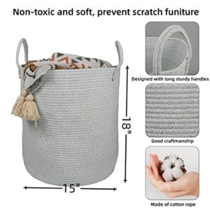 XUANGUO Cotton Rope Laundry Basket Hamper for Clothes Woven Storage Basket for Living Room Bedroom Boho Tall Rope Baskets for Blanket Toys Pillow Towels Baby Nursery Hamper Bin Large light grey