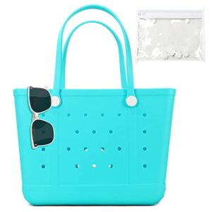 myhozee beach bag tote swim bag women,rubber beach tote bags with hole waterproof washable durable open handbag for beach pool boat sports,green