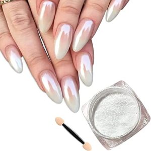 white pearl chrome nail powder, pearlescent white iridescent nail powder, high gloss glitter nail art, jewelry mermaid pearl neon nail powder, nail diy metallic pigment powder with sponge stick (1pcs)