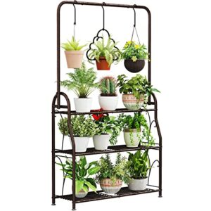 sorcedas plant stand 3 tier indoor outdoor tall corner hanging plant shelf metal flower stands ladder plant holder for room balcony garden patio multiple plants, bronze