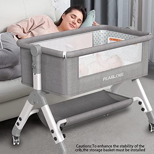 PEARLOVE Baby Bassinet Bedside Sleeper, Bedside Bassinet for Baby, Easy Folding Baby Crib with Storage Basket, Adjustable Height, Soft Mattress & Wheels, Bassinet Bedside Sleeper for Newborn Babies