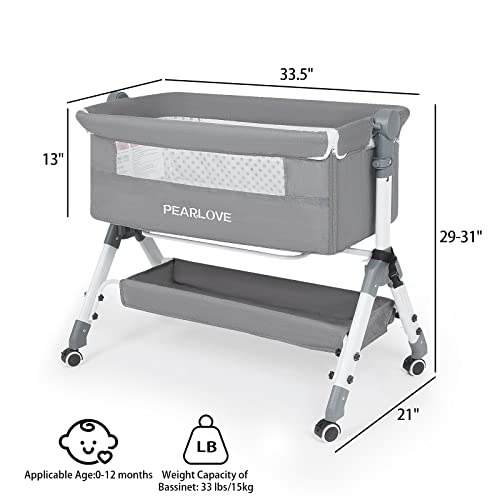 PEARLOVE Baby Bassinet Bedside Sleeper, Bedside Bassinet for Baby, Easy Folding Baby Crib with Storage Basket, Adjustable Height, Soft Mattress & Wheels, Bassinet Bedside Sleeper for Newborn Babies