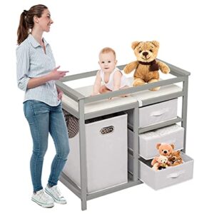 kinfant baby changing table with storage - diaper changing table with laundry hamper, 3 storage basket, changing pad & safety belt (grey)