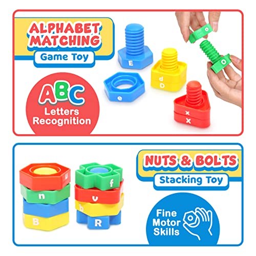 Letters Learning Matching Game | Fine Motor Skills Toy Set for Toddlers | 26 Alphabet Learning Toys with 52 pcs Nuts and Bolts Sorting & Stacking Toys, ABC learning Educational Montessori Toy for Kids