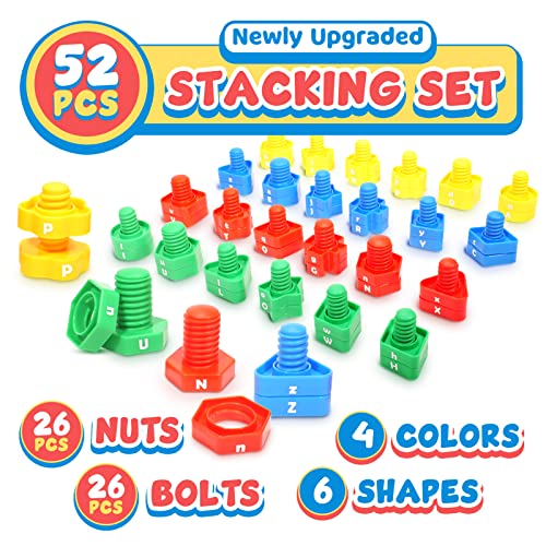 Letters Learning Matching Game | Fine Motor Skills Toy Set for Toddlers | 26 Alphabet Learning Toys with 52 pcs Nuts and Bolts Sorting & Stacking Toys, ABC learning Educational Montessori Toy for Kids