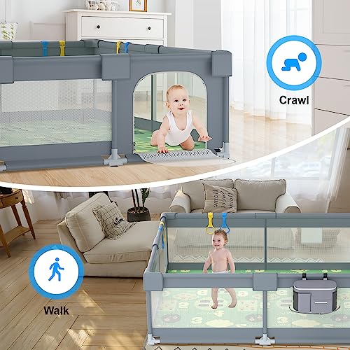 79" x 71" Baby Playpen with Mat - Baby Playards Extra Large Play Pen for Toddlers Safety Play Yard Indoor Activity Center with Hanging Bag, Zipper Gate, Soft Breathable Mesh (Gray)