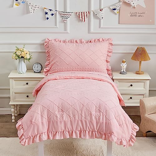 4 Piece Boho Tufted Toddler Bedding Set for Girls Pink Ruffle Bed Sheets Set Soft Jacquard Embroidery Crib Bedding Comforter Set for Baby | Include Comforter, Flat Sheet, Fitted Sheet, Pillowcase