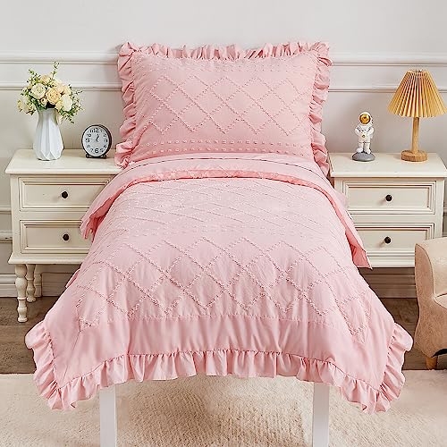 4 Piece Boho Tufted Toddler Bedding Set for Girls Pink Ruffle Bed Sheets Set Soft Jacquard Embroidery Crib Bedding Comforter Set for Baby | Include Comforter, Flat Sheet, Fitted Sheet, Pillowcase