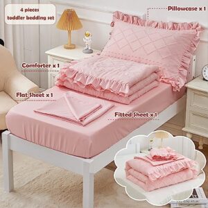 4 Piece Boho Tufted Toddler Bedding Set for Girls Pink Ruffle Bed Sheets Set Soft Jacquard Embroidery Crib Bedding Comforter Set for Baby | Include Comforter, Flat Sheet, Fitted Sheet, Pillowcase