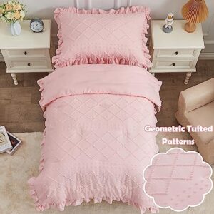 4 Piece Boho Tufted Toddler Bedding Set for Girls Pink Ruffle Bed Sheets Set Soft Jacquard Embroidery Crib Bedding Comforter Set for Baby | Include Comforter, Flat Sheet, Fitted Sheet, Pillowcase