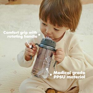 GROSMIMI PPSU Spill Proof Magic Sippy Cup 10 oz (Charcoal) + Replacements (Straw kit 2-counts, Stage 2)