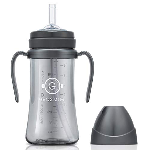 GROSMIMI PPSU Spill Proof Magic Sippy Cup 10 oz (Charcoal) + Replacements (Straw kit 2-counts, Stage 2)