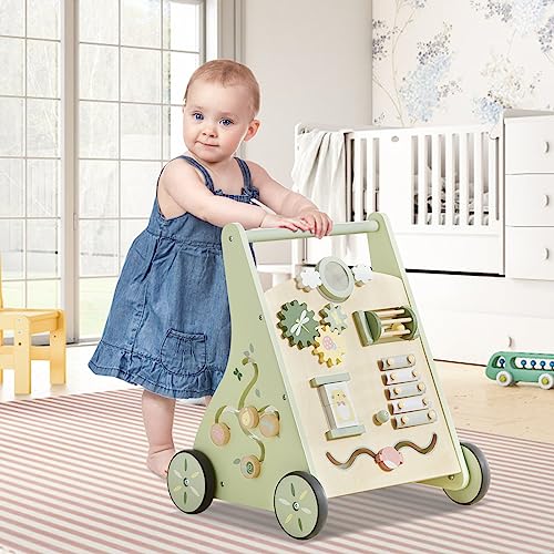 Beright Wooden Baby Walker Push and Pull Learning Activity Walker Kids’ Activity Toy Multiple Activities Center Develops Motor Skills & Stimulates Creativity(Green)