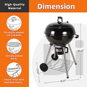 Hykolity 22 in. Kettle Charcoal Grill, Kettle Grill with Wheels, Built-In Thermometer, Porcelain-Enameled Lid and Bowl, Slide Out Ash Catcher, Charcoal BBQ Grill for Outdoor Cooking, Patio, Backyard