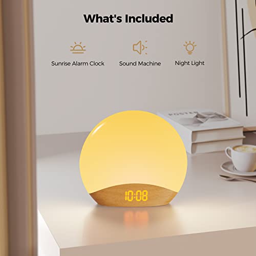 HOUSBAY White Noise Machine Sunrise Alarm Clock, Wake Up Light, Dimmable Night Light, 26 Natural Sounds, Gentle Wake up & Sound Machine for Sleeping, Adults, Kids, Baby-Wooden