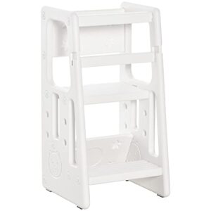 qaba toddler tower with adjustable height, toddler kitchen stool helper with anti-slip mat, step stool for kitchen, bathroom, white