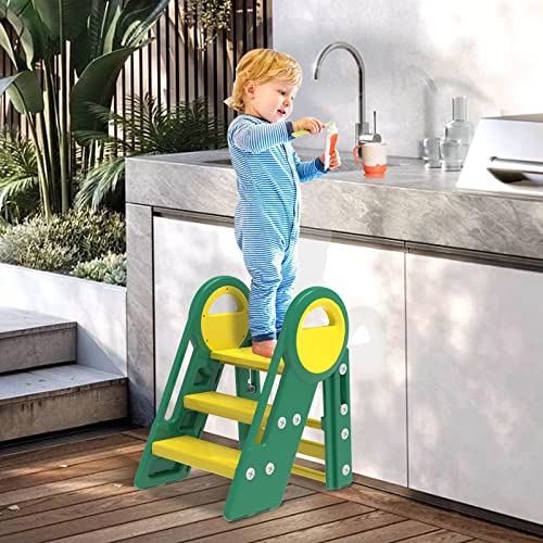 Bathroom Step Stool for Toodler, Kids 3 Step Stools Ladder with Safety Handles, Non-Slip Plastic Toilet Potty Training Poop Stools,Learning Helper Stool for Kitchen Counter Bathroom Sink (Green)