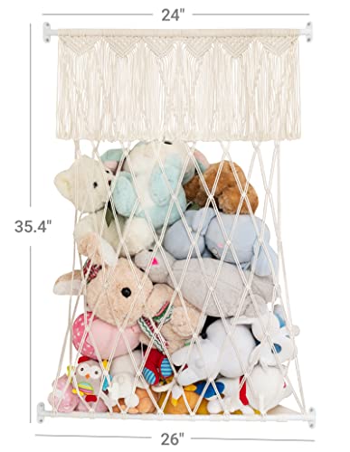 Dahey Stuffed Animal Storage Hammock Hanging Toy Storage Organizer with Canvas Base, Boho Decor Corner Plush Toys Holder Hammock for Nursery Kid Playroom Bedroom