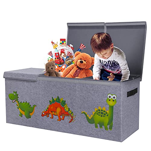 ASKIZ Toy Chest Box for Kids Extra Large,Collapsible Dinosaur Sturdy Storage Bins with Lids,Toy Box Storage Organizer Baskets for Boys Girls,Nursery, Playroom,Closet,40.6"×16.5"×14.2" (Grey)