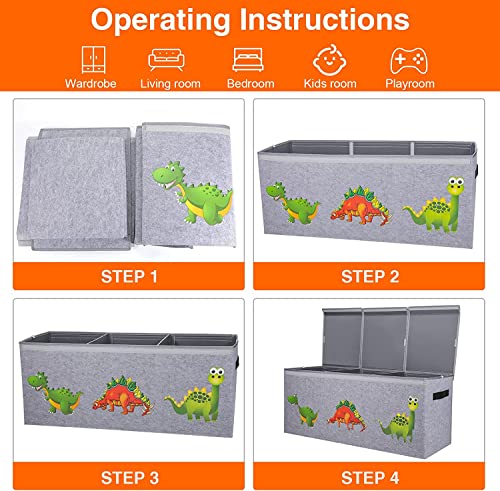 ASKIZ Toy Chest Box for Kids Extra Large,Collapsible Dinosaur Sturdy Storage Bins with Lids,Toy Box Storage Organizer Baskets for Boys Girls,Nursery, Playroom,Closet,40.6"×16.5"×14.2" (Grey)