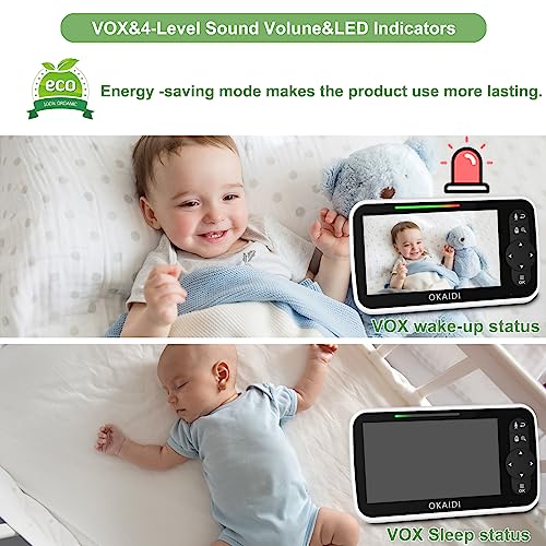 OKAIDI Baby Monitor with Camera and Audio, 5" Large Screen with 30-Hour Battery, 1000ft Range Video Baby Monitor, Remote Pan-Tilt-Zoom Baby Monitor No WiFi, Night Vision, VOX, 2-Way Talk, 8 Lullabies