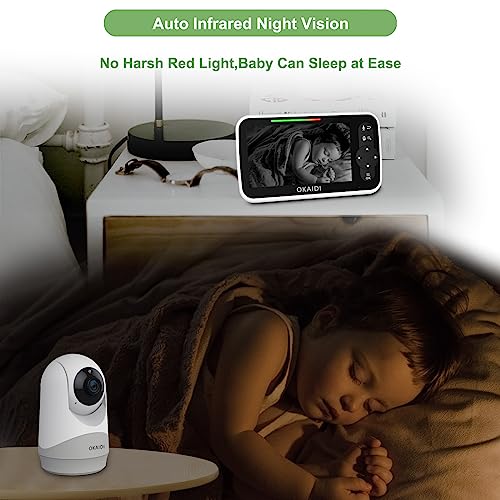 OKAIDI Baby Monitor with Camera and Audio, 5" Large Screen with 30-Hour Battery, 1000ft Range Video Baby Monitor, Remote Pan-Tilt-Zoom Baby Monitor No WiFi, Night Vision, VOX, 2-Way Talk, 8 Lullabies