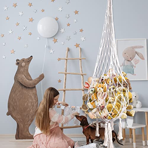 Stuffed Animal Storage Hammock Net, Strong Stuffed Toy Ceiling and Walls Hanging Net, Large Corner Mesh Bag Toys Organizer with Hanging Hook for Plush Toy Display Kids Playroom Home Decor (White)