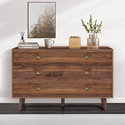 Vrullu Dresser for Bedroom with 6 Drawer, Walnut Dressers & Chests of Drawers with Bronze Handles, Modern Storage Drawers for Entryway, Closet, Hallway, Nursery (1, Walnut)