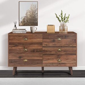 Vrullu Dresser for Bedroom with 6 Drawer, Walnut Dressers & Chests of Drawers with Bronze Handles, Modern Storage Drawers for Entryway, Closet, Hallway, Nursery (1, Walnut)