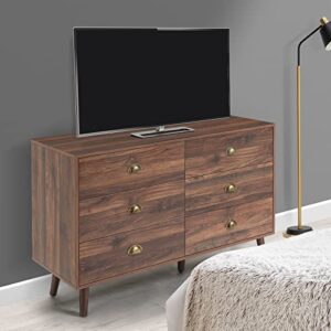 Vrullu Dresser for Bedroom with 6 Drawer, Walnut Dressers & Chests of Drawers with Bronze Handles, Modern Storage Drawers for Entryway, Closet, Hallway, Nursery (1, Walnut)