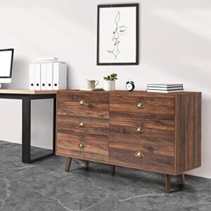 Vrullu Dresser for Bedroom with 6 Drawer, Walnut Dressers & Chests of Drawers with Bronze Handles, Modern Storage Drawers for Entryway, Closet, Hallway, Nursery (1, Walnut)