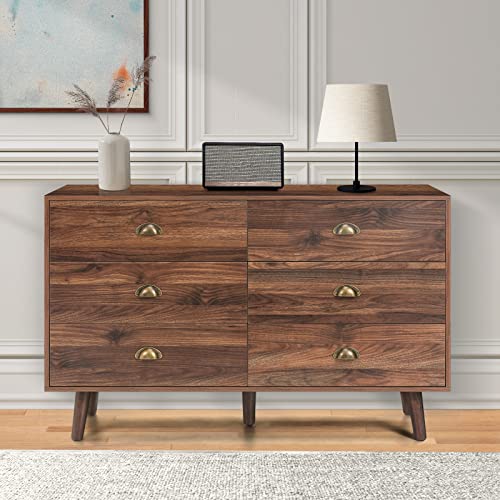 Vrullu Dresser for Bedroom with 6 Drawer, Walnut Dressers & Chests of Drawers with Bronze Handles, Modern Storage Drawers for Entryway, Closet, Hallway, Nursery (1, Walnut)