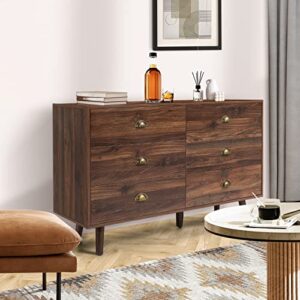 Vrullu Dresser for Bedroom with 6 Drawer, Walnut Dressers & Chests of Drawers with Bronze Handles, Modern Storage Drawers for Entryway, Closet, Hallway, Nursery (1, Walnut)