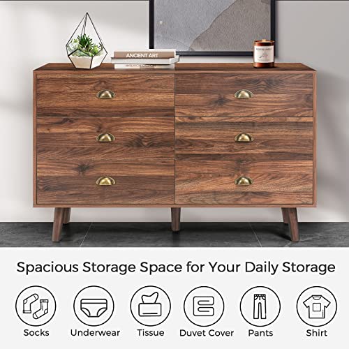 Vrullu Dresser for Bedroom with 6 Drawer, Walnut Dressers & Chests of Drawers with Bronze Handles, Modern Storage Drawers for Entryway, Closet, Hallway, Nursery (1, Walnut)