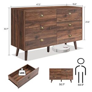 Vrullu Dresser for Bedroom with 6 Drawer, Walnut Dressers & Chests of Drawers with Bronze Handles, Modern Storage Drawers for Entryway, Closet, Hallway, Nursery (1, Walnut)