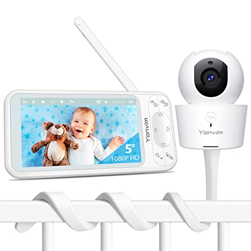 Yonvim Baby Monitor 1080P 5" HD, Video Baby Monitor with Camera and Audio, 5000mAh Battery, 2 Mounts, No WiFi Needed, Night Vision, Long Range, 2-Way Talk, Remote Pan Tilt, Temperature Sense, 4X Zoom