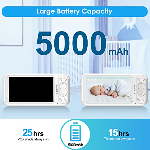 Yonvim Baby Monitor 1080P 5" HD, Video Baby Monitor with Camera and Audio, 5000mAh Battery, 2 Mounts, No WiFi Needed, Night Vision, Long Range, 2-Way Talk, Remote Pan Tilt, Temperature Sense, 4X Zoom