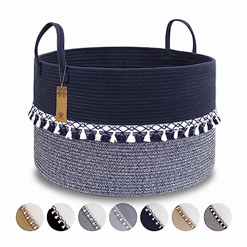 ZuiJia Shenghuo XXXLarge cotton Rope toy Basket-21.7"x21.7"x13.8"Baby Laundry Blanket Basket for storage-Extra Large Toy Bin with Handles-Living Room Bedroom Laundry Tassel Decor basket-Navy blue