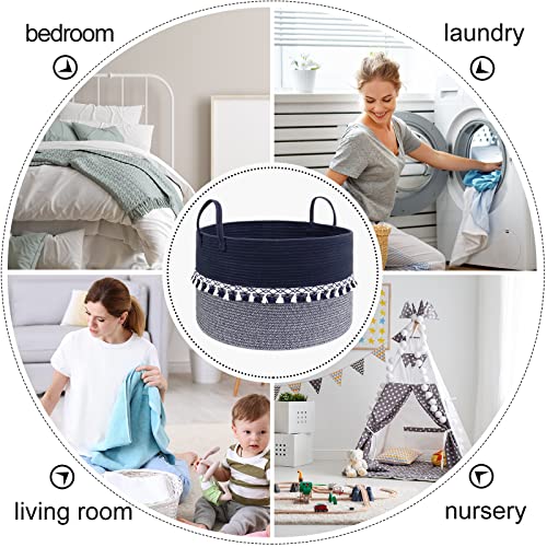 ZuiJia Shenghuo XXXLarge cotton Rope toy Basket-21.7"x21.7"x13.8"Baby Laundry Blanket Basket for storage-Extra Large Toy Bin with Handles-Living Room Bedroom Laundry Tassel Decor basket-Navy blue